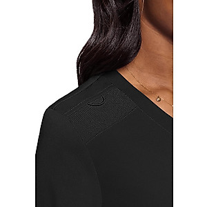 Med Couture Women's V-Neck Scrub Top, Modern Fit Tuck-in Top with Stretchy Rib-Knit Shoulders and Chest Pocket - MC7448, Black, Small