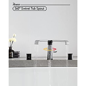 PHASAT Black Waterfall Bathtub Faucet,Bathroom Roman Tub Faucet,3 Holes 2 Handles Deck Mount Bath Tub Filler with High Flow Widespread Spout,Matte Black,PU5H01