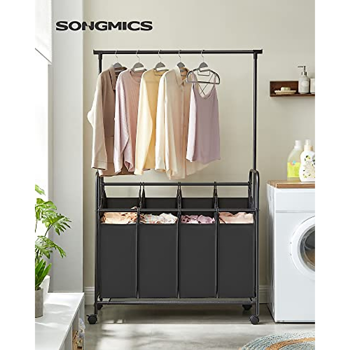 SONGMICS 4-Section Laundry Sorter, Rolling Laundry Cart with Hanging Bar, Laundry Organizer, Hampers for Laundry, Heavy-Duty, Lockable Wheels, 4 x 13.2 Gal., Black URLS44B