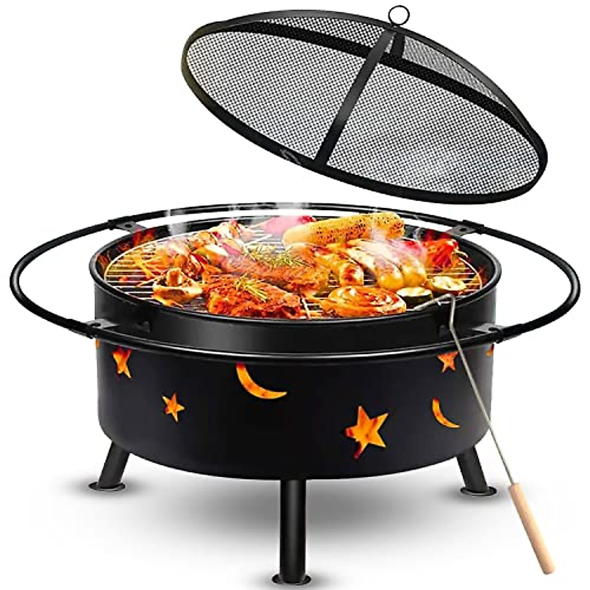 WASAKKY Fire Pits Wood Burning Grill - 30” Round Steel Deep Bowl Firepit - Backyard Cosmic，Stars and Moons Firepit 2-in-1 for Outside Patio Cooking Black