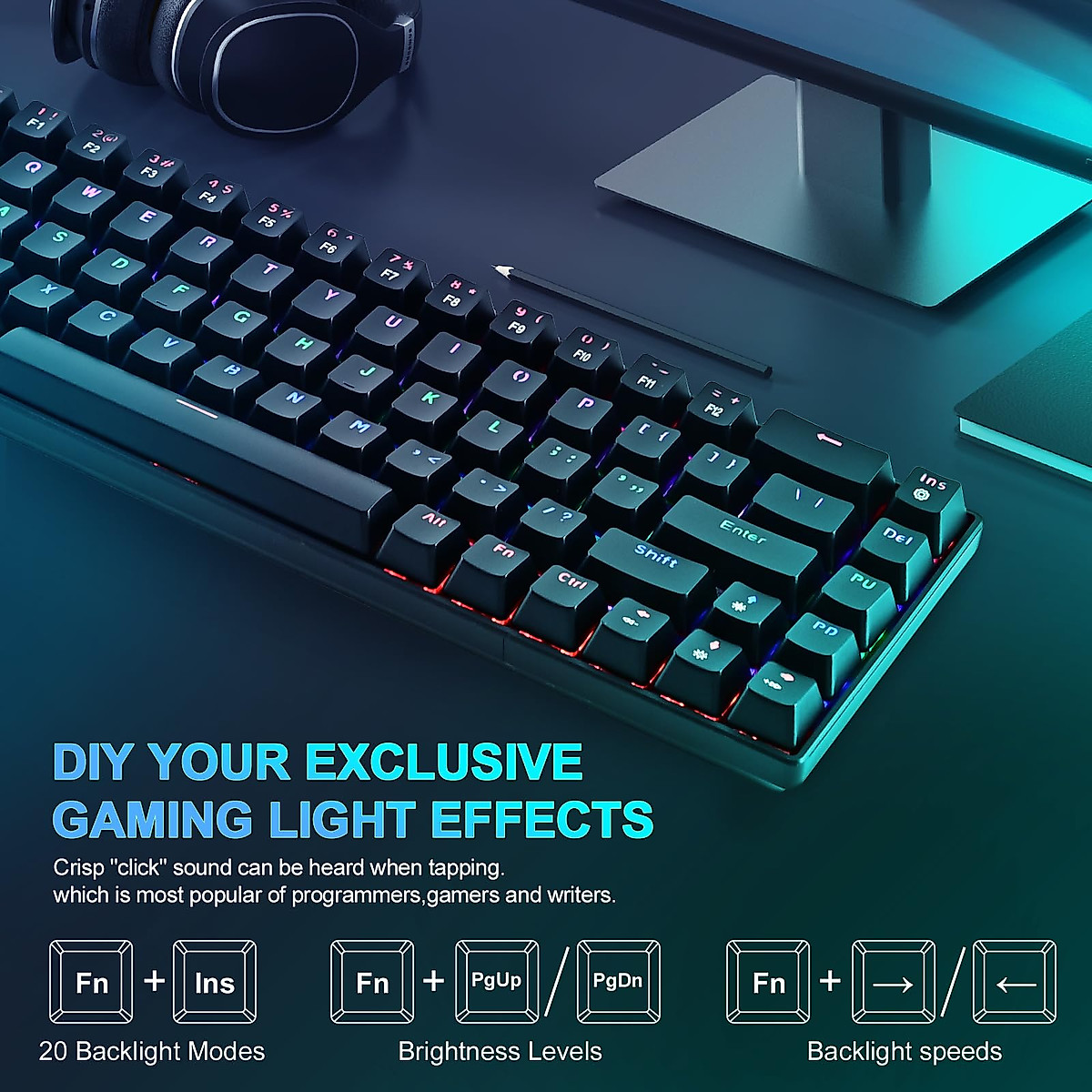 RaceGT Wired Mechanical Gaming Keyboard - 67 Keys Ultra-Compact Mini Keyboard, Wired USB Keyboards, Multi Color RGB Illuminated LED Backlit for PC Gamer Computer Desktop (Black)…