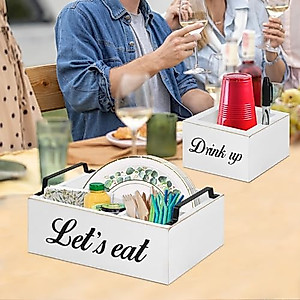 Paper Plate Holders for Kitchen Countertop, Wooden Utensil Caddy with Large Cup Holder, Disposable Paper Plate Organizer Silverware Caddy for Plate, Cup, Fork, Spoon, Napkin, Condiment (Set of 2)