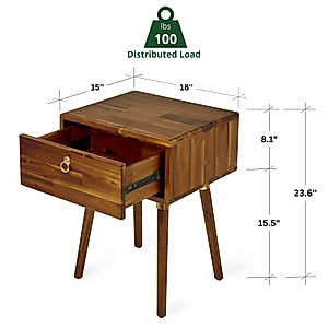 Bme Caden Solid Wood Nightstand/Side Table/End Table, Fully Assembled, with 1-Drawer for Mid Century Bedroom and Living Room, Caramel