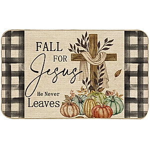 AnyDesign Fall Cross Doormat Autumn Pumpkin Plaids Front Door Mat Non-Slip Farmhouse Decorative Door Rug Carpet for Thanksgiving Indoor Outdoor Home Office, 17 x 29 Inch