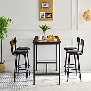 RuiSiSi Industrial Dining Bar Table Set with 4 Stools for Small Space, Metal Kitchen Dining Room Furniture Set with Back Rest Bar Chairs, Wood Tabletop and Upholstered Seat