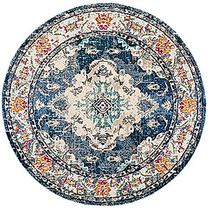 SAFAVIEH Monaco Collection Area Rug - 6'7" Round, Navy & Light Blue, Boho Chic Medallion Distressed Design, Non-Shedding & Easy Care, Ideal for High Traffic Areas in Living Room, Bedroom (MNC243N)