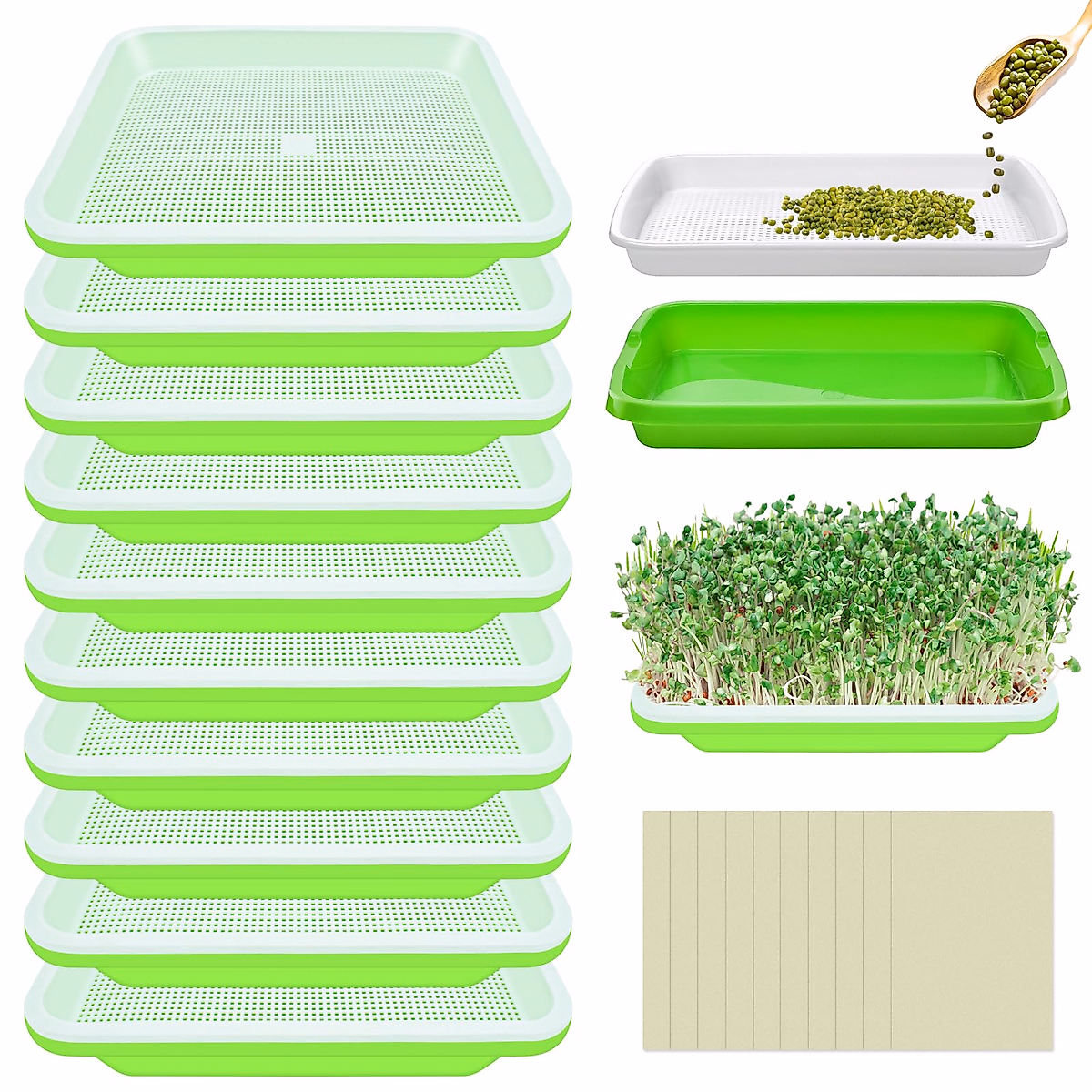 Legigo 10 Pack Green Seed Sprouter Trays- Soil-Free Cultivation Germination Tray, BPA Free Nursery Tray with Planting Paper for Indoors or Outdoors Sprouting Seeds, Grow Grass, Beans (Without Lids)