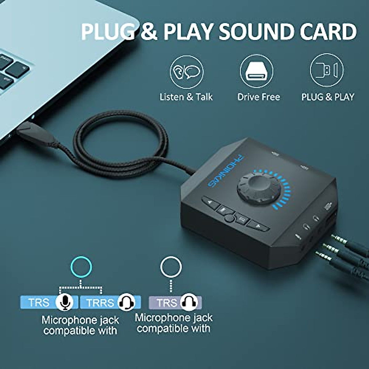 T10 External Sound Card, PHOINIKAS USB Audio Adapter for PC Windows, Mac, Linux, Laptops, Desktops, Stereo Sound Card with 3.5mm Interface & USB Interface, Volume Control, Plug & Play (6-in-1, Black)