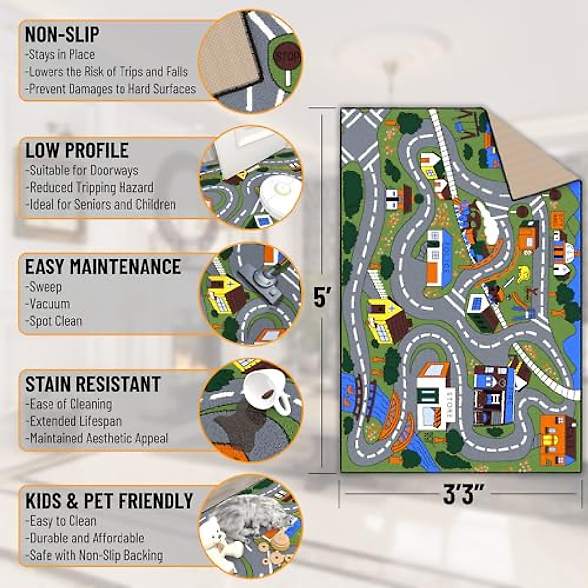 Ottomanson Jenny Collection Non-Slip Rubberback Educational Town Traffic Play Design 3x5 Kid's Area Rug, 3'3" x 5', Green/Multicolor