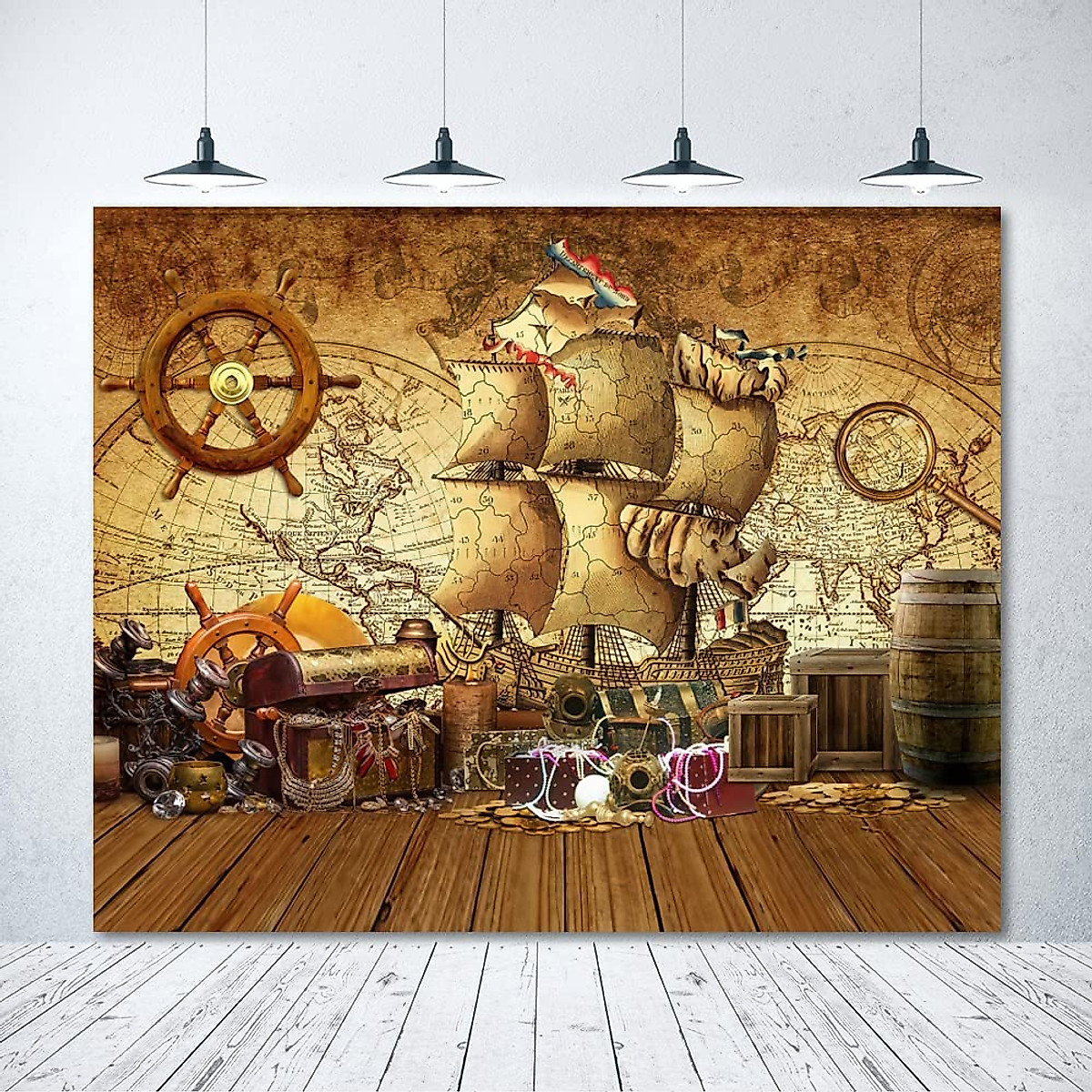 Pirate Backdrop Nautical Treasure Hunt Map Pirate Themed Photography Background Adventure Places Kids Boys Birthday Party Decorations Banner Photo Studio Booth Props 10x8ft