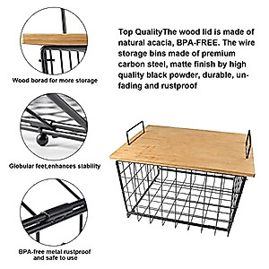 Stackable Wire Storage Baskets, TOBEFORT Fruit Basket for Kitchen Large Metal Bin for Cabinet Pantry Organization and Storage, Nesting Rectangular Basket with Wood Lid, Black