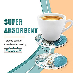 Teivio Round Drink Coasters Set of 8, Blue Marble Absorbent Stone Coaster Set, Cork Base, with Holder, Decorative Cup Coasters for Housewarming