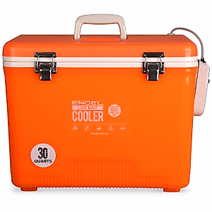 Engel 30qt Live Bait Cooler Box with 2nd Gen 2-Speed Aerator Pump - Portable Fishing Station & Minnow Bucket for Shrimp & Other Live Fish with Aerator - ENGLBC30-N in Orange High-Visibility