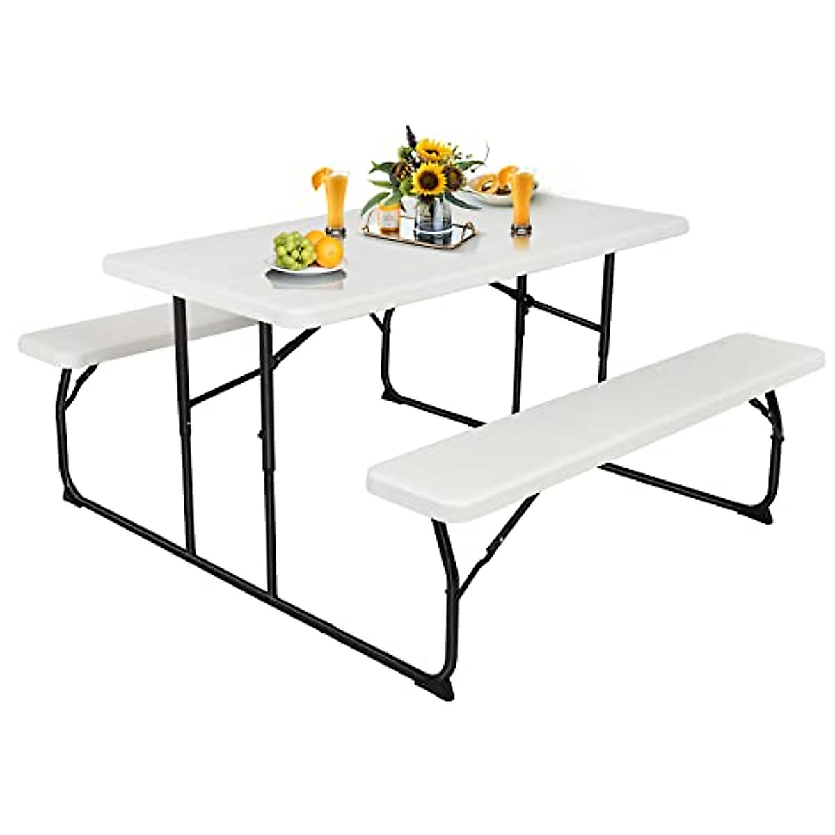 Tangkula Folding Picnic Table with 2 Benches, Outdoor Metal Camping Table Set with Plastic Wood-Like Texture Tabletop & Steel Frame, Foldable Camping Table for Picnic, Party, BBQ (White)