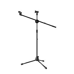 Blucoil Adjustable Microphone Stand with 2.3' - 4.1' Height, Rotating Boom Arm, Tripod Base, Dual Mic Clips - Compatible with AKG, Audio Technica, MXL, Samson, Blue Mic, sE Electronics, and More