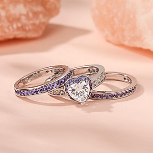 Jeulia Engagement Interchangeable Ring Set for Women Heart Cut Sterling Silver Wedding Promise Brilliant Classic Band Fashion Anniversary Rose Gold Halo Diamond Bridal with Jewelry Box (Purple, 12)