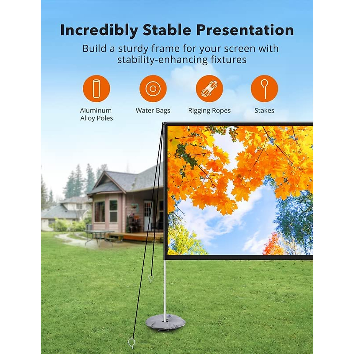 HYZ 100 inch Freestanding Projection Screen, Portable Front & Rear Projection Screen, 4K HD 16:9 Polyester Fabric Screen Outdoors and Indoors, Setup in Minutes, Home Theater, Presentation