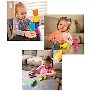 Fat Brain Toys Pipsquigz Whirly-Squigz Suction-Kupz Set - 12 Piece Early Learner Toys - 6 Suction Kupz Stacking Toys, 3 PipSquigz, 3 Whirly Squigz Spinners in Zippered Storage Case - BPA-Free Silicone