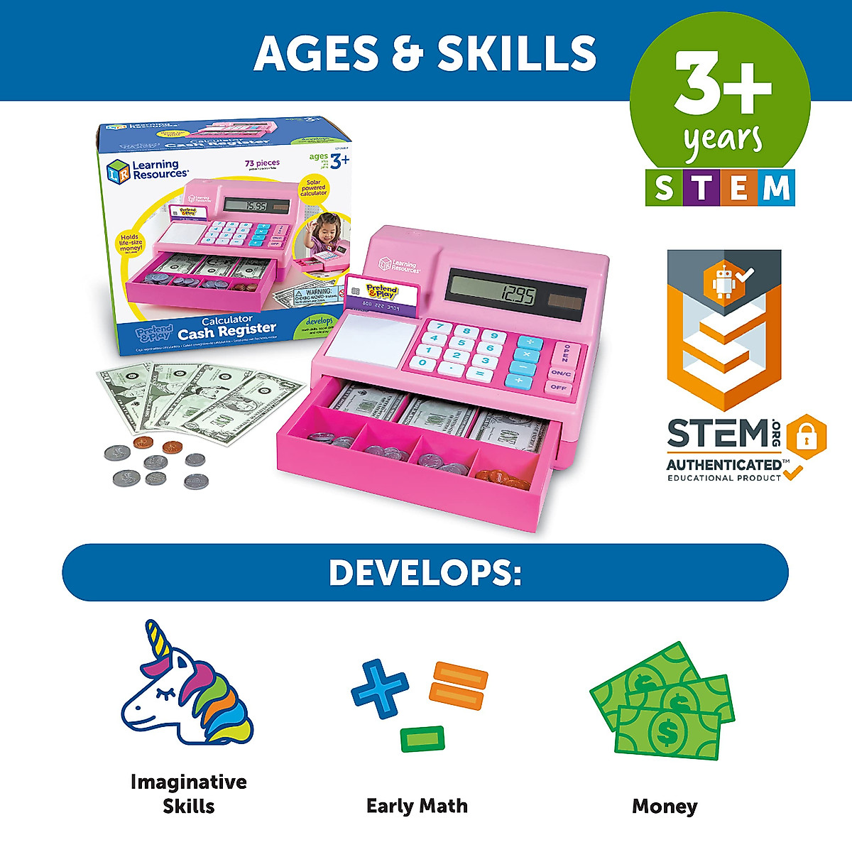 Learning Resources Pretend & Play Calculator Cash Register Pink - 73 Pieces, Ages 3+, Cash Register for Kids, Play Money for Kids, Toddlers Toys, Toy Register