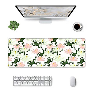 Frog and Water Lilies Gaming Mouse Pad XL,Extended Stitched Edges Mousepad,Large Mouse Pads Desk Pad,Long Non Slip Rubber Base Desk Mat for Work,Office,Home,Computer,Laptop