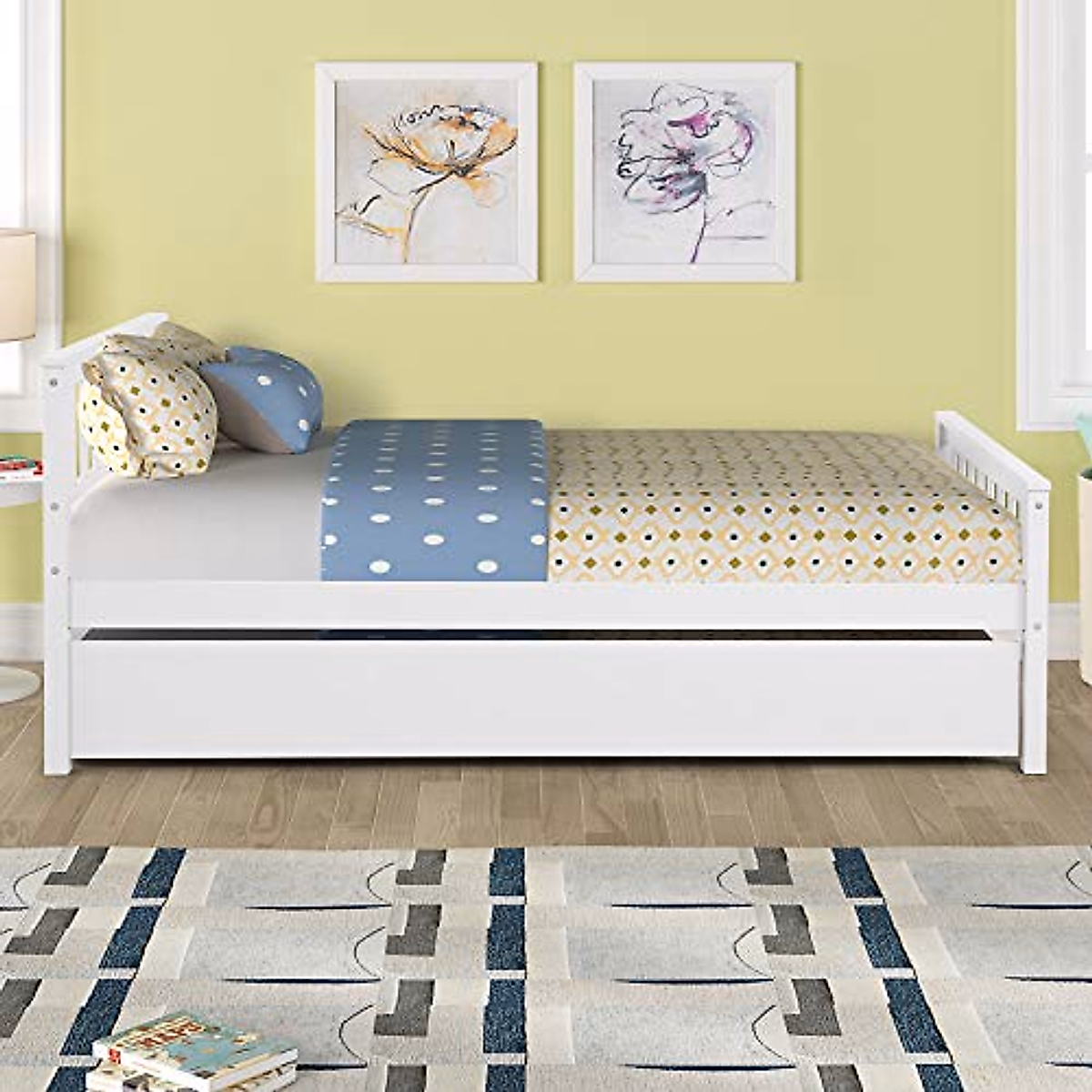 Twin Platform Bed with Trundle, Solid Wood Bed Frame with Headboard, Footboard for Teens Boys Girls,No Box Spring Needed (White)