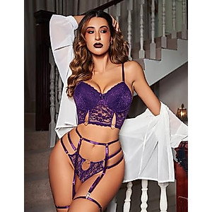 Avidlove Sexy Lingerie for Women Lace Garter Lingerie Set Push Up Bra Panty with Underwire Purple Strappy Outfits