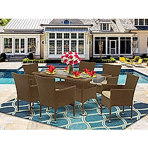 East West Furniture Oslo 7 Piece Outdoor Wicker Patio Furniture Sets Consist of a Rectangle Bistro Table with Glass Top and 6 Balcony Armchair with Cushion, 36x60 Inch, Brown