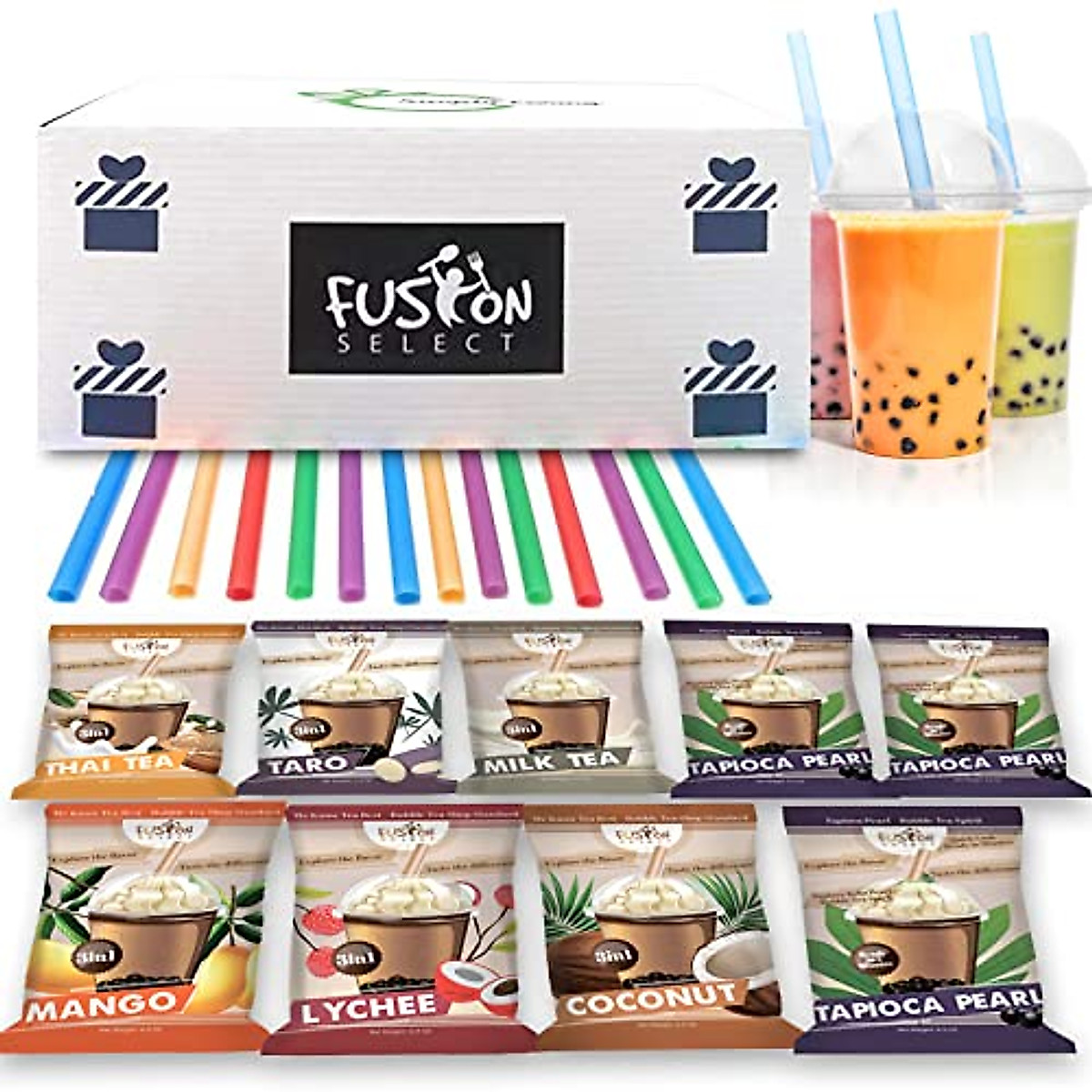 The Ultimate DIY Bubble Tea Kit 6 Flavors of Boba Bubble Tea Drink, 36 Drinks, Taro, Lychee, Coconut, Mango, Milk Tea, Thai Tea Bubble Tea Straws Authentic Boba Tea Kit Asmr Food