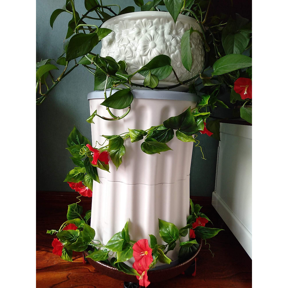 AirSun Artificial Morning Glory Flower Vines, 2pcs 15Feet Hanging Plants Silk Garland Fake Green Plant Home Garden Wall Fence Indoor Outdoor Wedding Birthday Decor (Red)