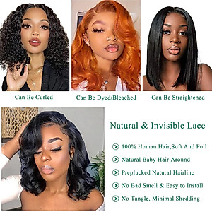 Douyin Bob Wig Human Hair 13x4 Frontal Lace Wig 14 Inch Body Wave 180% Density HD Lace Front Wigs Human Hair Pre Plucked Glueless Bob Wigs for Women Human Hair Wigs (14 inch, Natural Black)