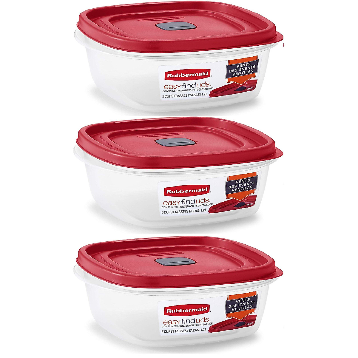 Rubbermaid Easy Find Lid Square 5-Cup Food Storage Container (Pack of 3), Red (Vented)