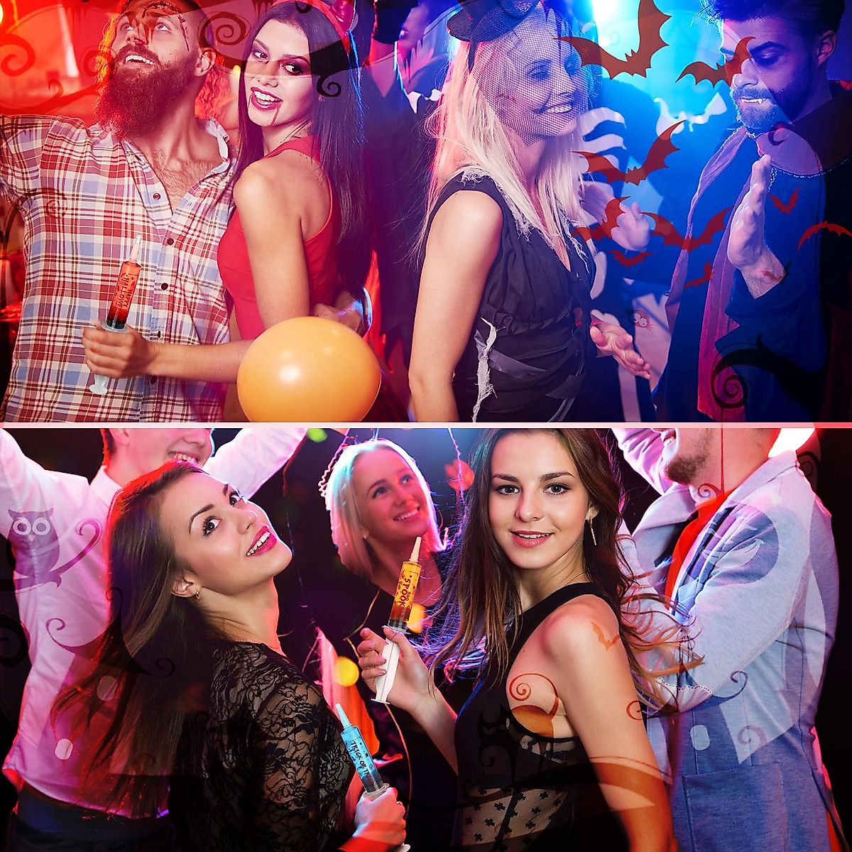 Poen 48 Pack Jelly Shot Syringes with Cap for Halloween Party 2oz 60ml Reusable Containers with Lids Plastic Tubes Boo Spooky Trick or Treat Happy Halloween Bloody Handprint Drink Syringes for Parties