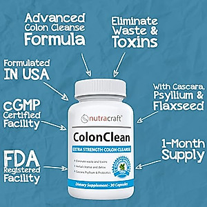 Nutracraft ColonClean #1 Colon Detox and Constipation Relief | Senna, Cascara Sagrada, Psyllium, MCT, Aloe and Probiotics | 30 Capsules