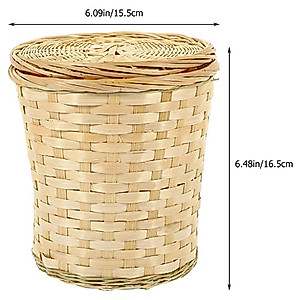 Hemoton Small Woven Basket with Lid Rattan Trash Can Wastebasket Wicker Round Trash Bin Woven Storage Basket Decorative Egg Basket Laundry Hamper Flower Pots Planter Holder