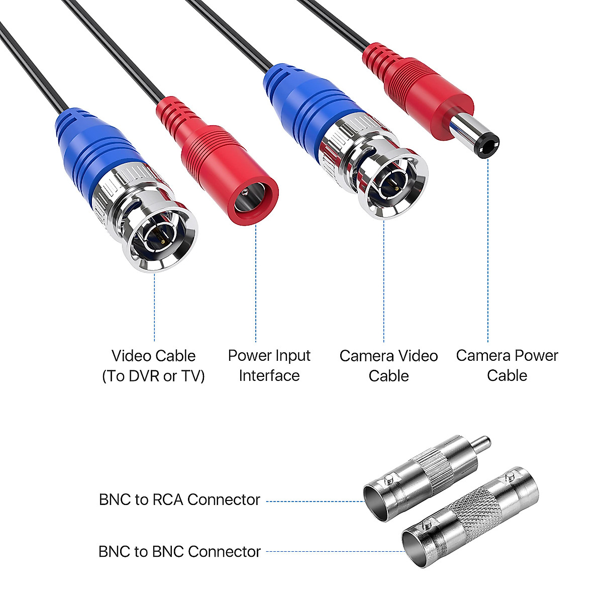 ZOSI 4 Pack 100ft (30 Meters) 2-in-1 Video Power Cable, BNC Extension Surveillance Camera Cables for Video Security Systems (Included 4X BNC Connectors and 4X RCA Adapters)