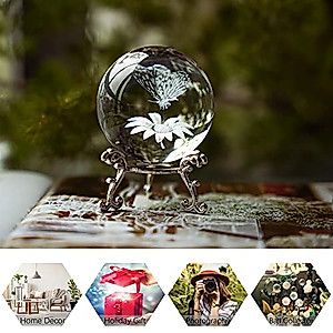 HDCRYSTALGIFTS 3D Laser Crystal Butterfly Flower Figurine Crystal Decorative Ball Paperweight with Silver-Plated Flowering Stand Glass Sphere Home Decor Gift (60mm,2.4inch)
