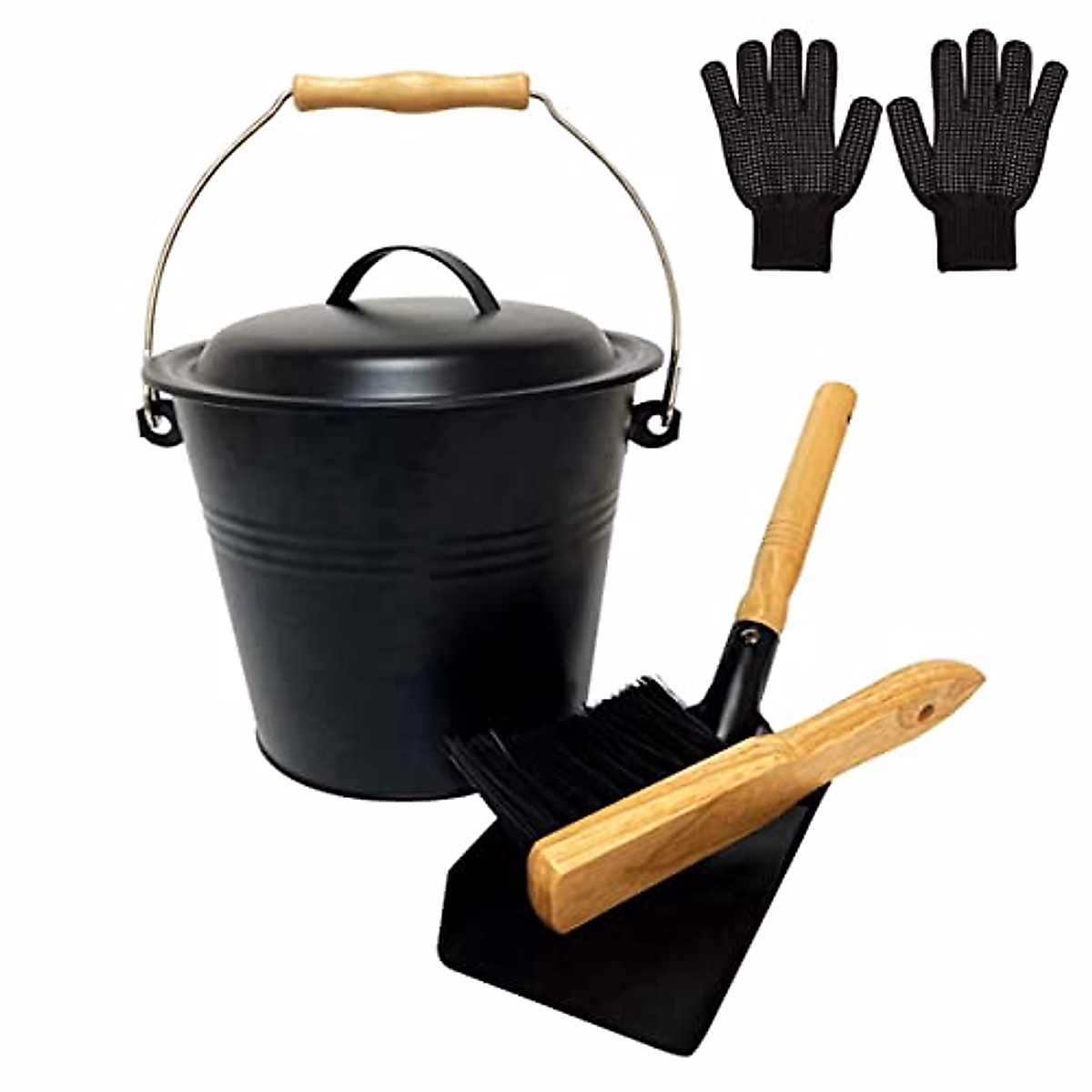 Mini Ash Bucket with Shovel, Gloves and Hand Broom, 1.5-Gallon Pail with Lid, Metal Bucket Coal and Ash Carrier Wood Pellet Storage Container Tool Set for Fireplace Fire Pit, Iron Ash Stove