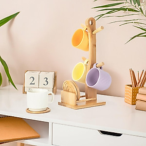 E-ROOM TREND Bamboo Mug Holder with Coasters 4 Pcs, Coffee Mug Tree for Large Mugs with 4 Hooks Stand for Countertop Coffee Bar Accessories Decor Coffee Organizer Station(MHC400)