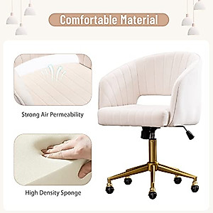 ABET Desk Chair with Wheels, Velvet Home Office Chair, Swivel Armchair with Gold Base, Upholstered Modern Accent Chairs, Back Incline Adjustable for Vanity Living Room Bedroom, Off-White Cream