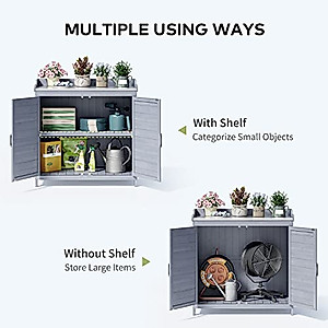 Gizoon Outdoor Potting Bench with Metal Tabletop, Double Doors Garden Potting Table with Adjustable Shelf, Wooden Planting Table Potting Stand for Backyard, Patio, Lawn -Grey