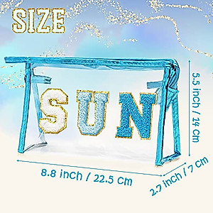 Y1tvei Preppy Patch SUN Varsity Letter Cosmetic Toiletry Bag Transparent PVC Zipper Makeup Bag Clutch Purse Portable Waterproof Travel Organizer Compliant Bag for Women Girls Teens (Blue)