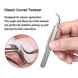 Quewel Eyelash Extension Tweezers Set Eyelash Applicator Tool Curved and Straight pointed Tweezers Lash Extension Supplies Stainless Steel Precision Tweezers Silver (Matte,3 pcs)