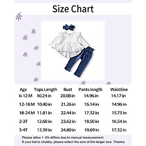 NZRVAWS 12 Months Baby Girls Clothes Infant Outfit 6 Months Toddler Long Sleeve Ruffle White Shirt Tops + Denim Blue Long Pants Fall Winter