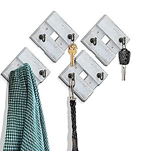 SLLPL Wooden Key Holder Wall Mounted - Coat Hooks for Wall, 4 Pack Wood Wall Hooks for Hanging, Rustic Key Hanger with Hooks for Keys, Coats, Bag, Leash, Key Rack for Entryway, Office, White