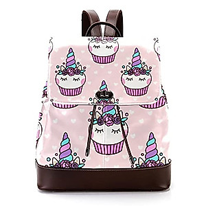 Cute Unicorn Cupcake Pattern Backpack for Women Fashion PU Leather Daypacks Anti-Theft Shoulder Bag Satchel