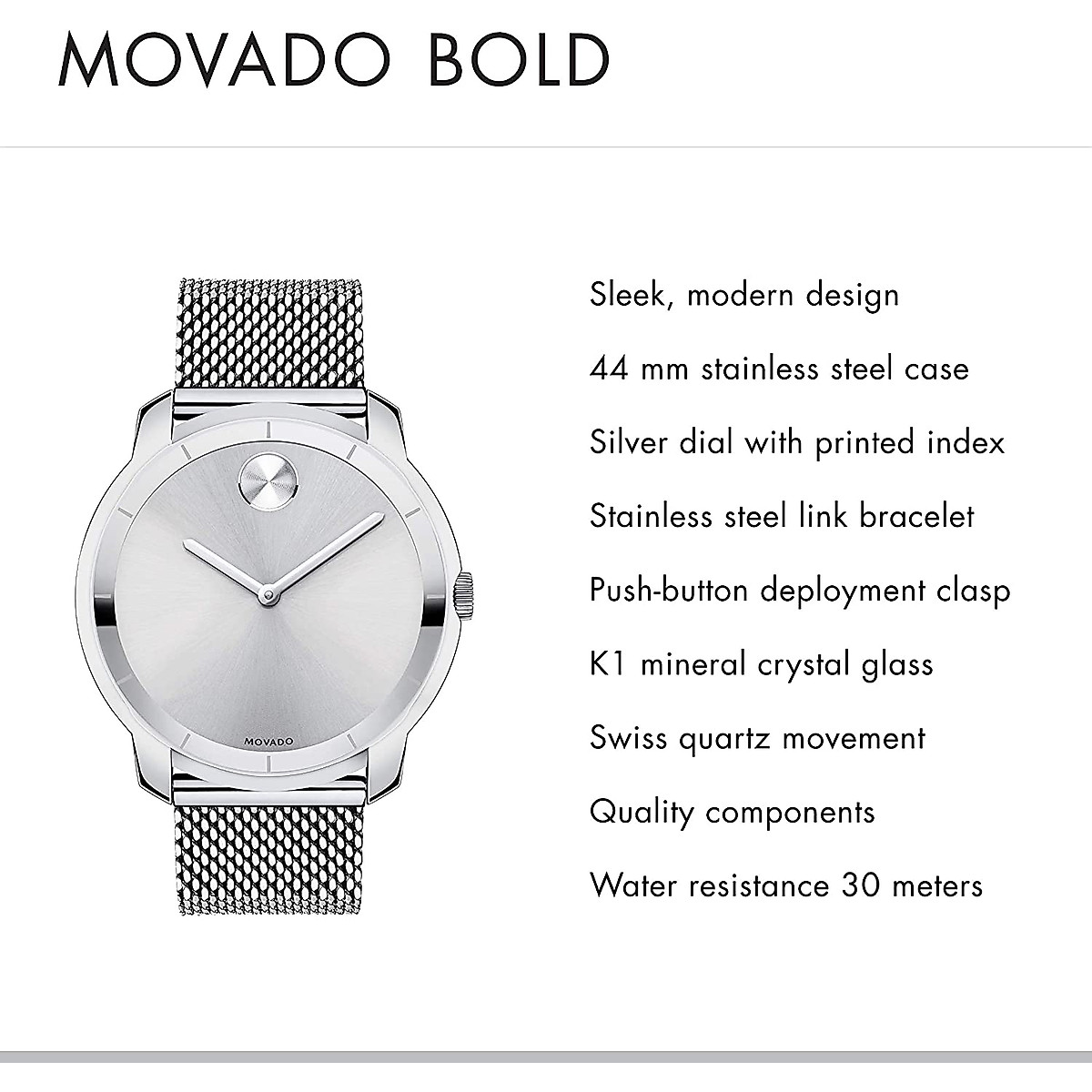 Movado Men's BOLD Thin Stainless Steel Watch with a Printed Index Dial, Silver (Model 3600260)