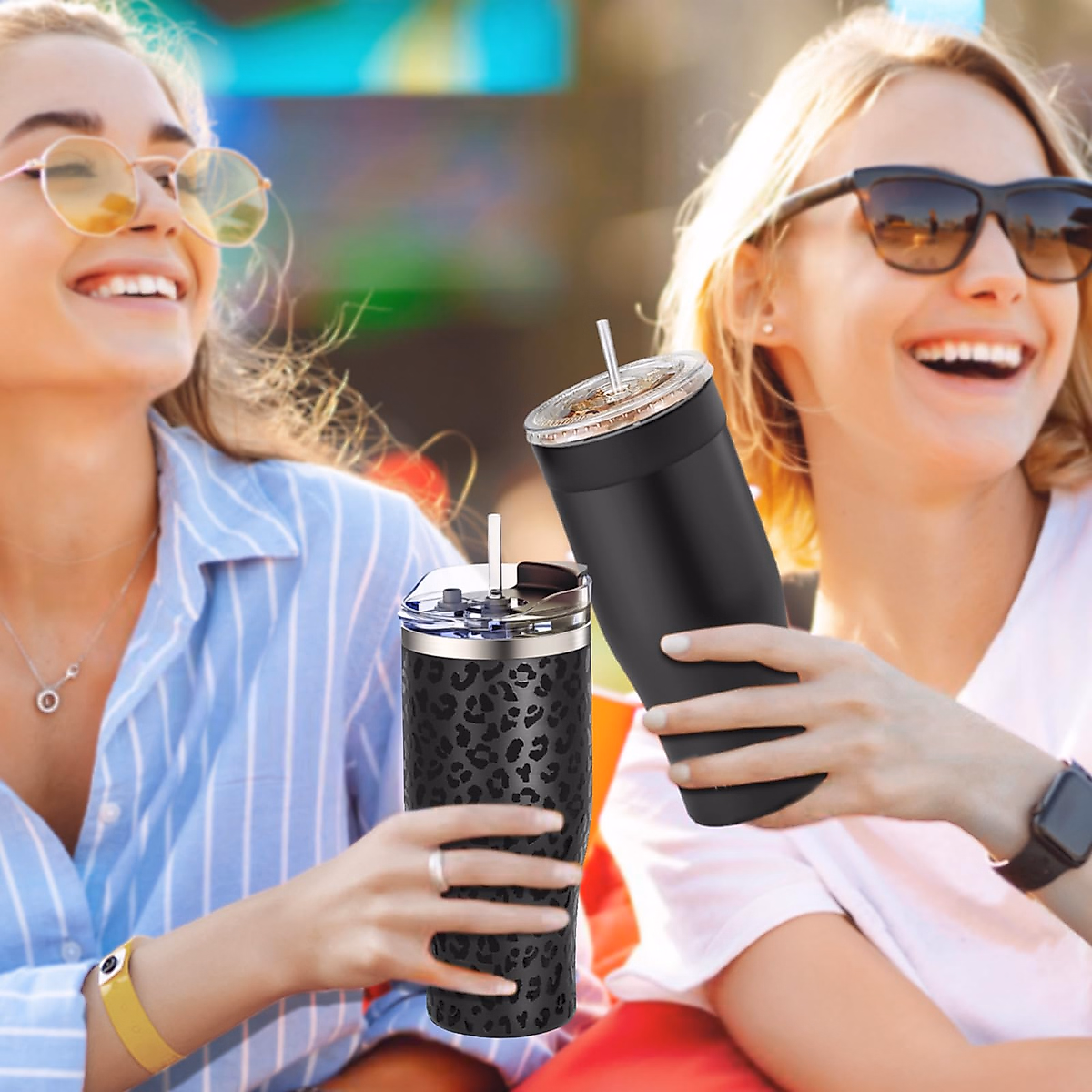 Universal Iced Coffee Sleeve - Insulated Double Wall Reusable Stainless Steel Holder Sleeves Insulator for Cold Drinks Fits Starbucks Dunkin Donuts Dutch Bros Small Medium Large Cups (Black Leopard)