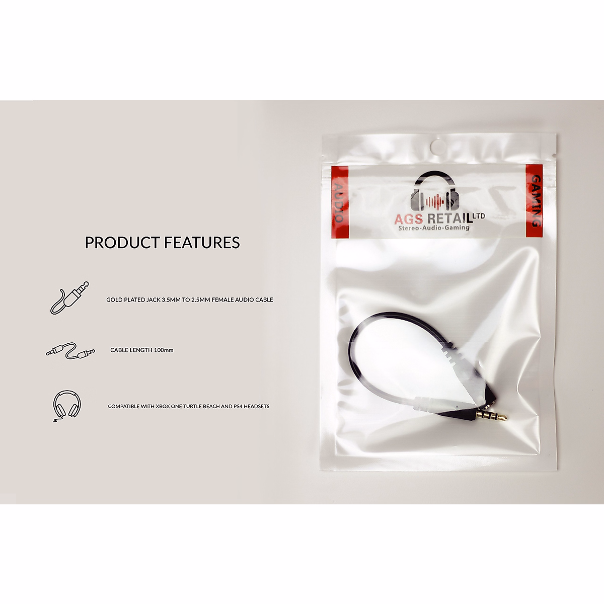 AGS Retail Ltd Compatible Replacement Chat Adapter Cable for Turtle Beach Headsets – 10cm, Black, Audio Cable with Slim Mould Design, 2.5mm Female Input to 3.5mm Male Output | Gaming Accessories