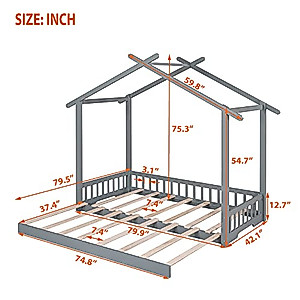 AOCOROE House Bed Frame Twin/King Bed Frame for Boys and Girls, Wood Extending Twin to King Extendable Playhouse-Design Montessori Floor Bed Platform Bed Frame with Trundle