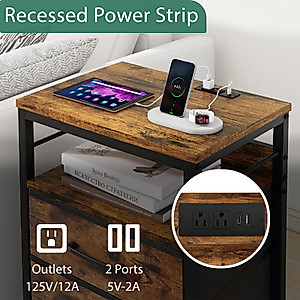 IBUYKE Nightstand with Charging Station,Side Table with Fabric Drawers, Bedside Table with USB Ports and Outlets, End Table for Bedroom, Living Room, Rustic Brown UTNS001H